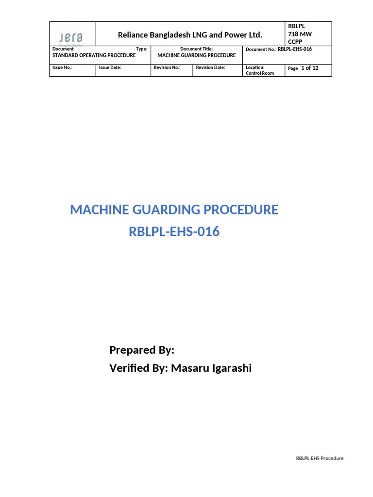 RBLPL-EHS-016 MACHINE GUARDING PROCEDURE | PDF | Personal Protective Equipment | Machines