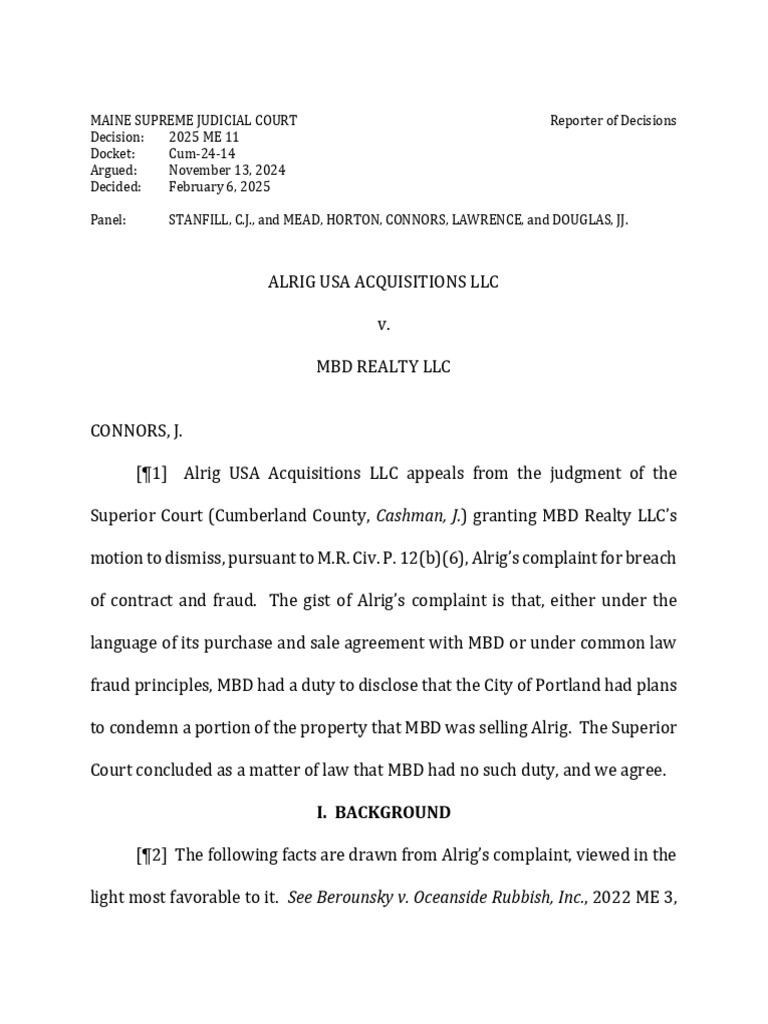 Alrig USA Acquisitions LLC v. MBD Realty LLC, No. 2025 ME 11 (Maine Feb ...