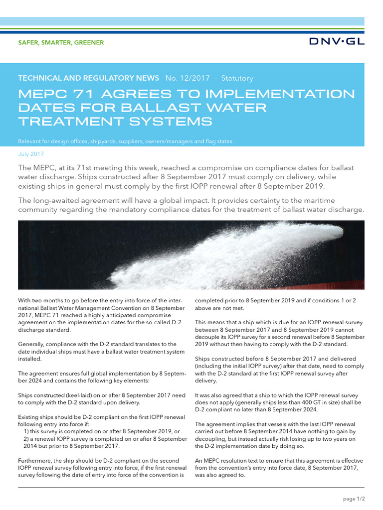 2017.07 MEPC 71 Agrees To Implementation Dates For BWTS | PDF