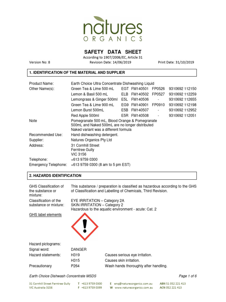 Earth Choice Ultra Concentrate Dishwashing Liquid | PDF | Occupational ...