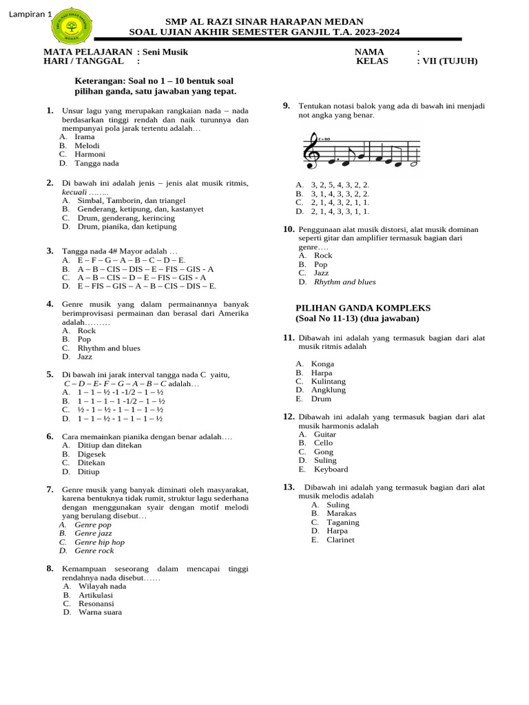 PQ Soal Ganjil Vii-1,2,3,4 Seni Musik 2024 | PDF