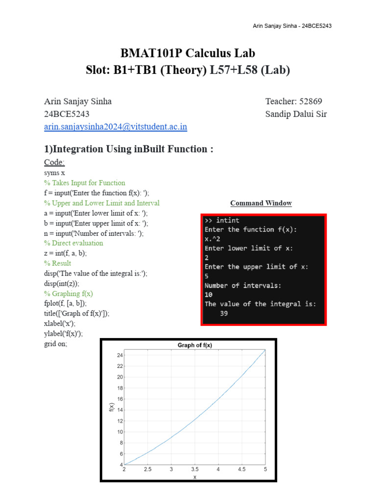 24BCE5243 ArinSanjaySinha 23rdaugust Assignment 3 | PDF | Integral | Function (Mathematics)