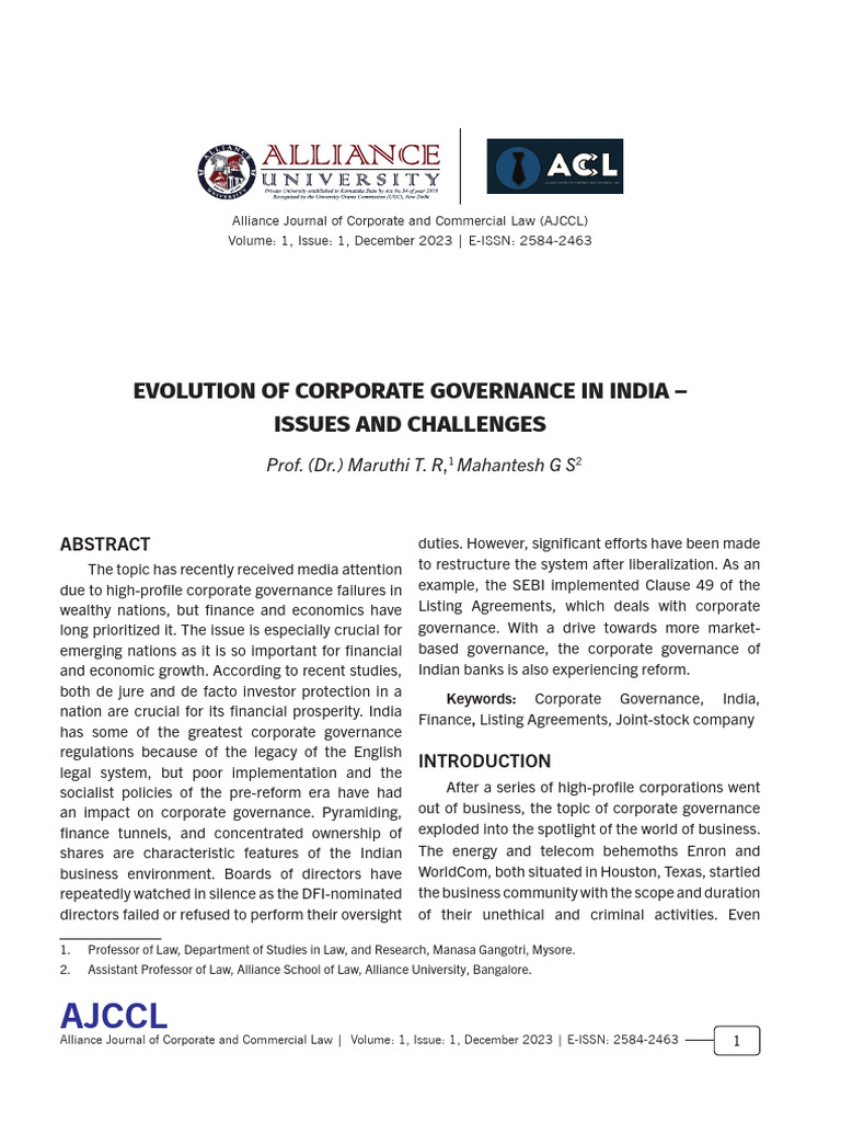 Evolution of Corporate Governance in India | PDF | Corporate Governance ...