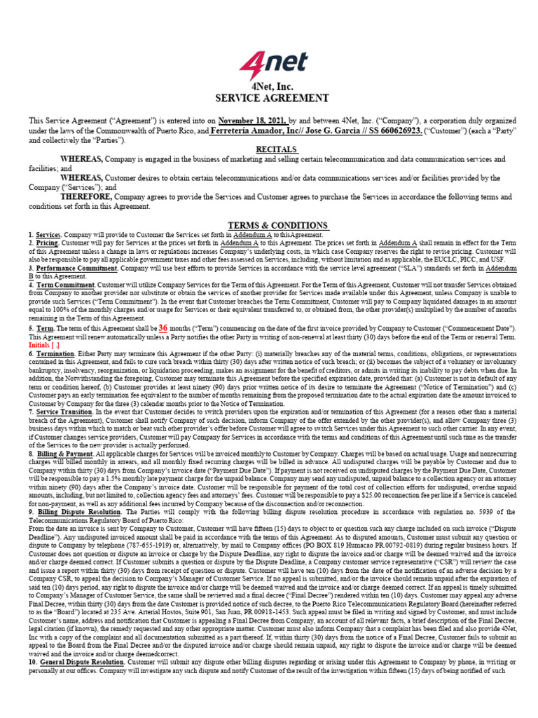 Contrato de 4net para Fibra Optica Ferreteria Amador Inc | PDF | Indemnity | Customer ...