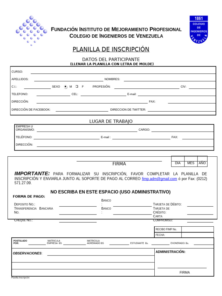 Planilla de Inscripcion Fimp N | PDF | Bancos | Dinero