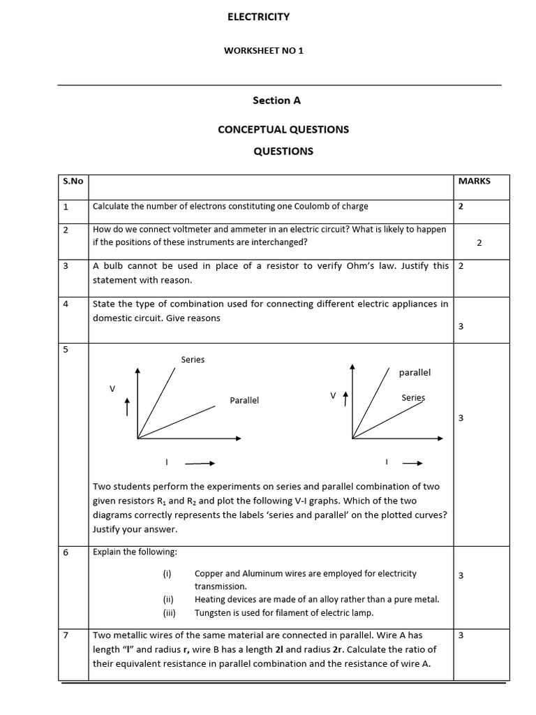 Class 10 Electricity Worksheet | PDF | Series And Parallel Circuits ...