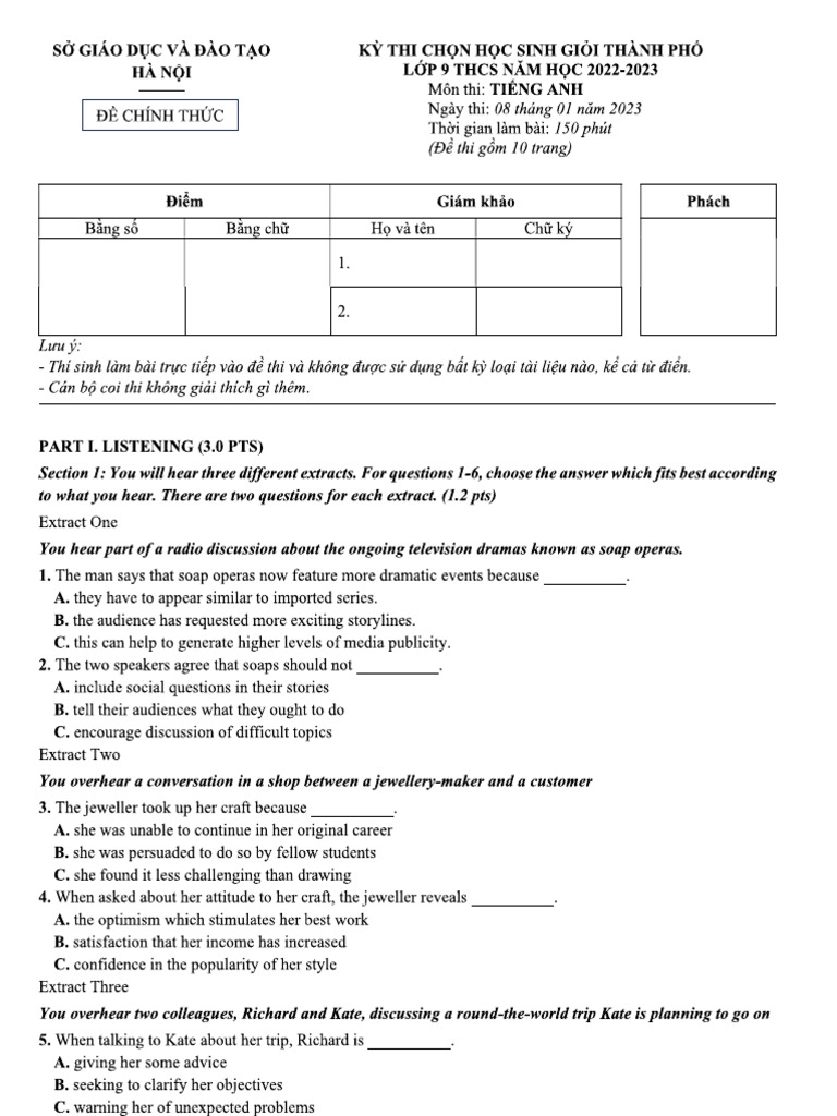 đề thi hsg anh 9 | PDF