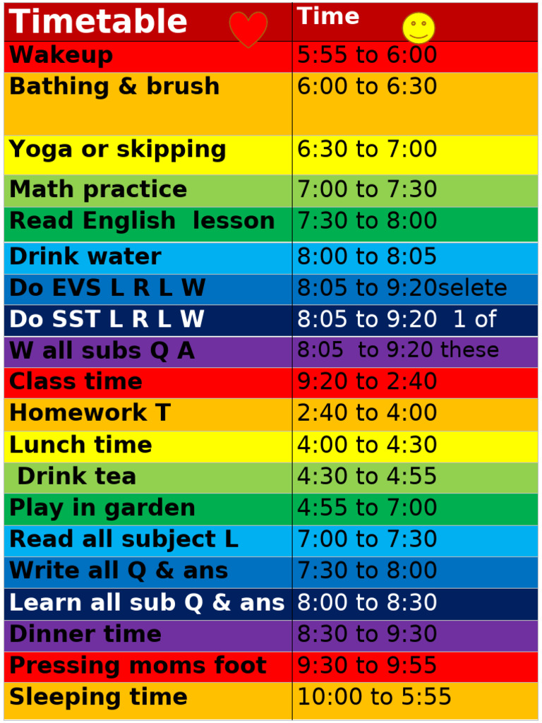 Daily Routine Time Table Chart | PDF