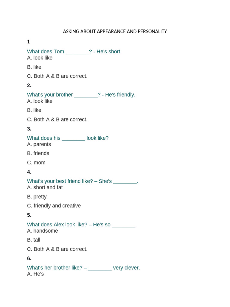 Personality & Appearance Quiz | PDF