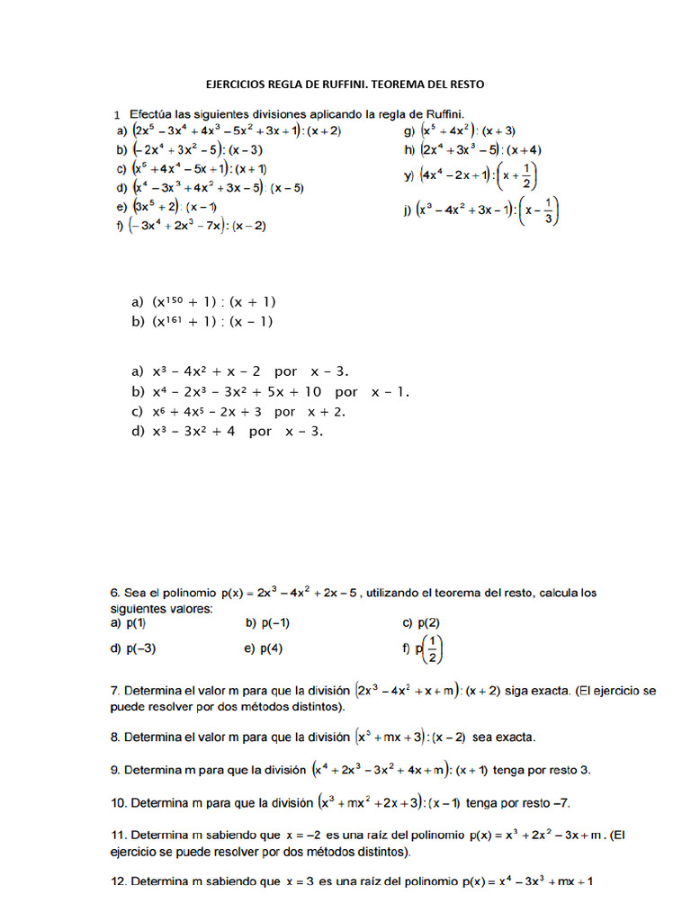 Ejercicios de la Regla de Ruffini | PDF