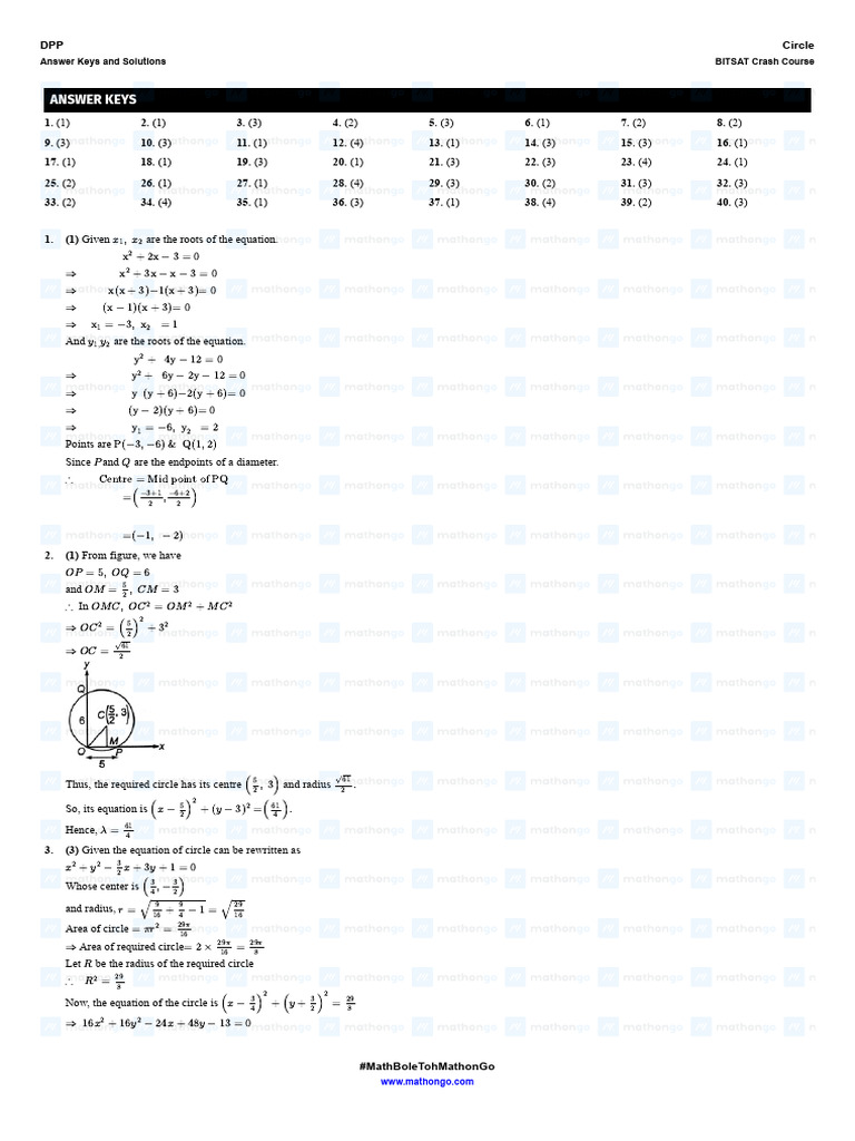 Solution DPP Circle BITSAT Crash Course MathonGo | PDF | Circle | Elementary Geometry