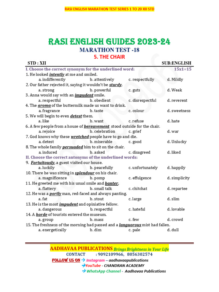 12th English Rasi Marathon Test - The Chair | PDF