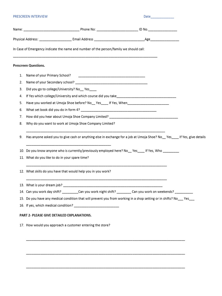 Prescreen Interview Questionnaire Template | PDF