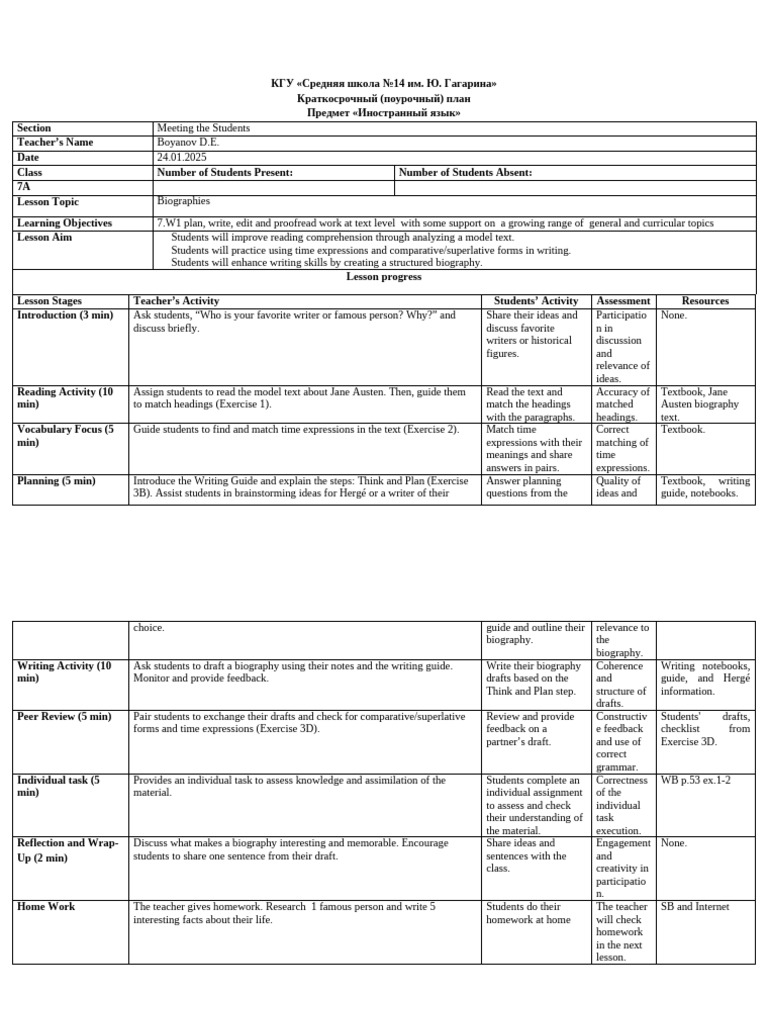 Lesson Plan: Writing Biographies in English | PDF | Homework | Reading ...