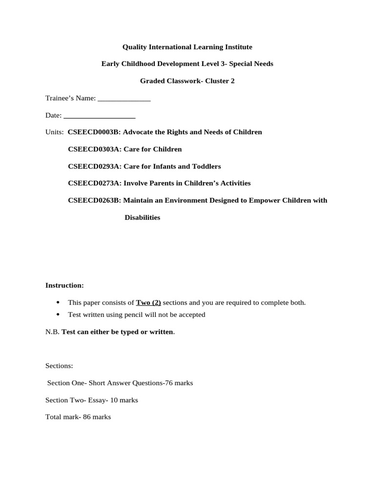 Graded Class Work Cluster 2 | PDF | Children's Rights | Disability