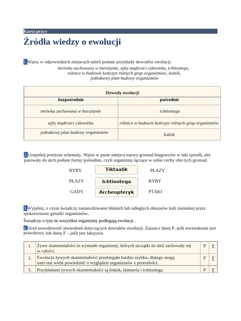 Karta Pracy Zrodla Wiedzy o Ewolucji | PDF