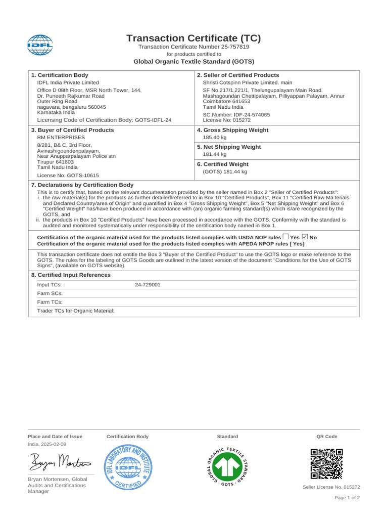 IDFL 357132 (25-757819) GOTS Transaction Certificate-Shristi-Cotspinn-Private-Limited-Main ...