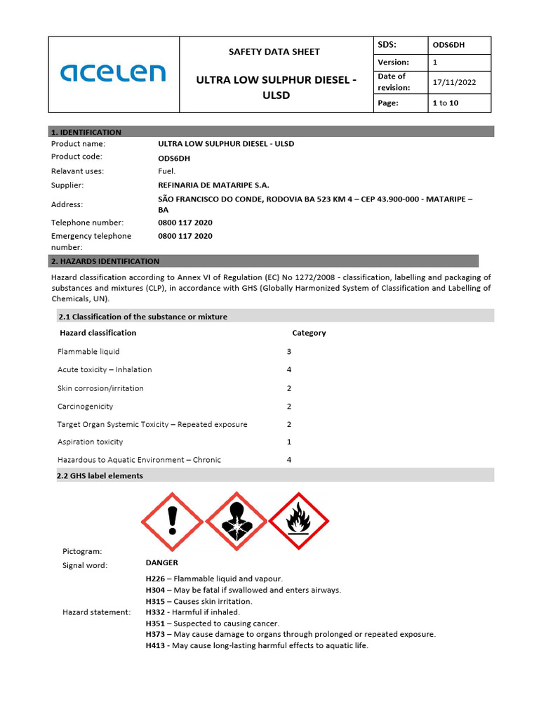 Ultra Low Sulfur Diesel SDS | PDF | Dangerous Goods | Occupational ...