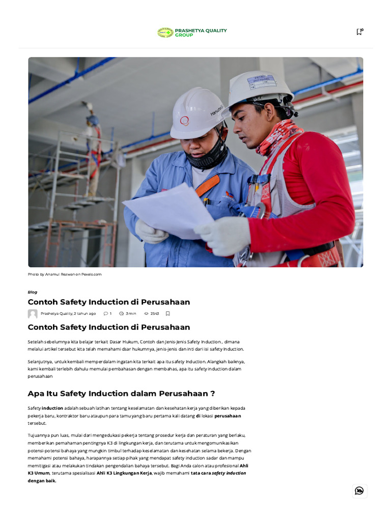 Contoh Safety Induction Di Perusahaan - Pusat Sertifikasi Praset | PDF