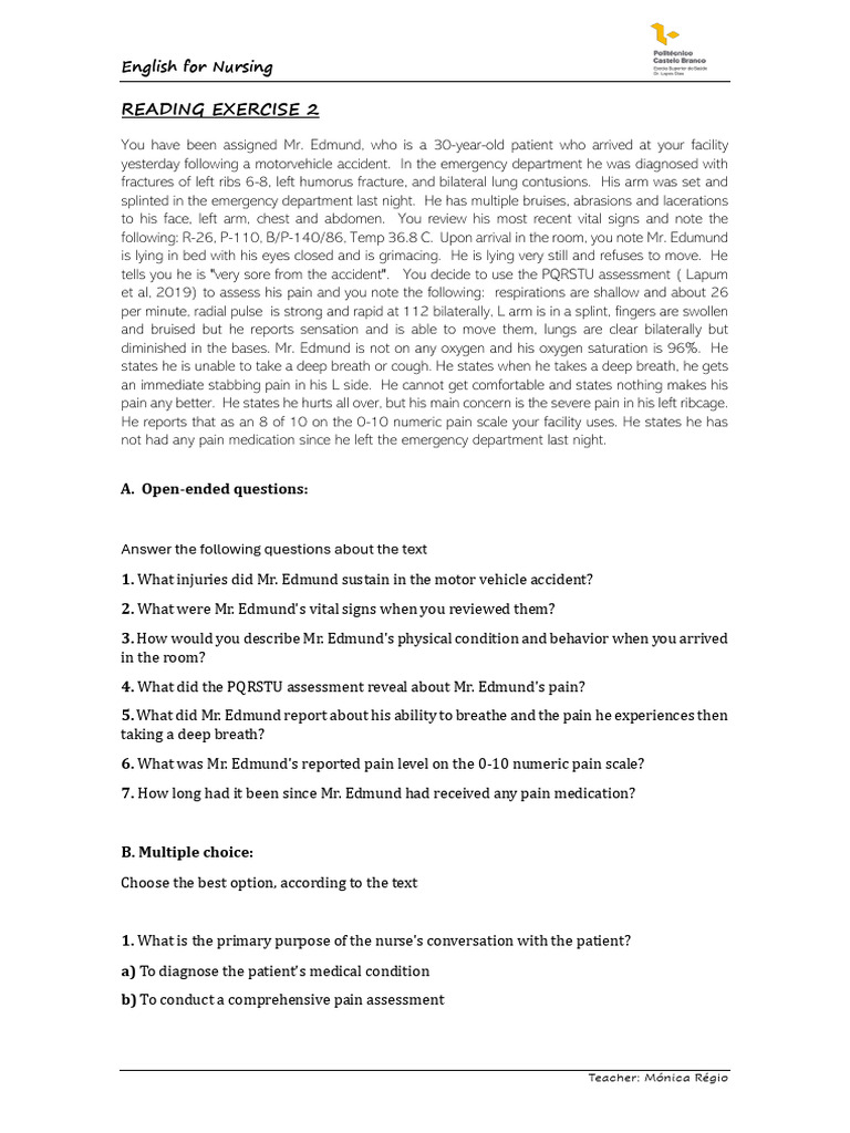 Reading Exercise 2 | PDF | Pain | Emergency Department