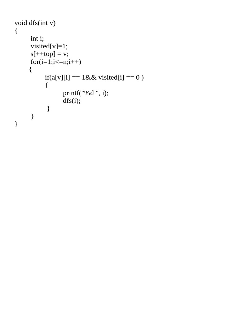Void Dfs (Int V) (Int I Visited (V) 1 S (++top) V For (I 1 I N I++) (If (A (V) (I) 1&& Visited ...