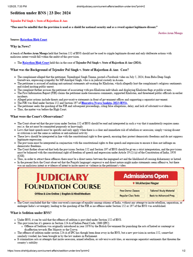 Rajasthan High Court Ruling on Sedition | PDF | Crimes | Crime & Violence