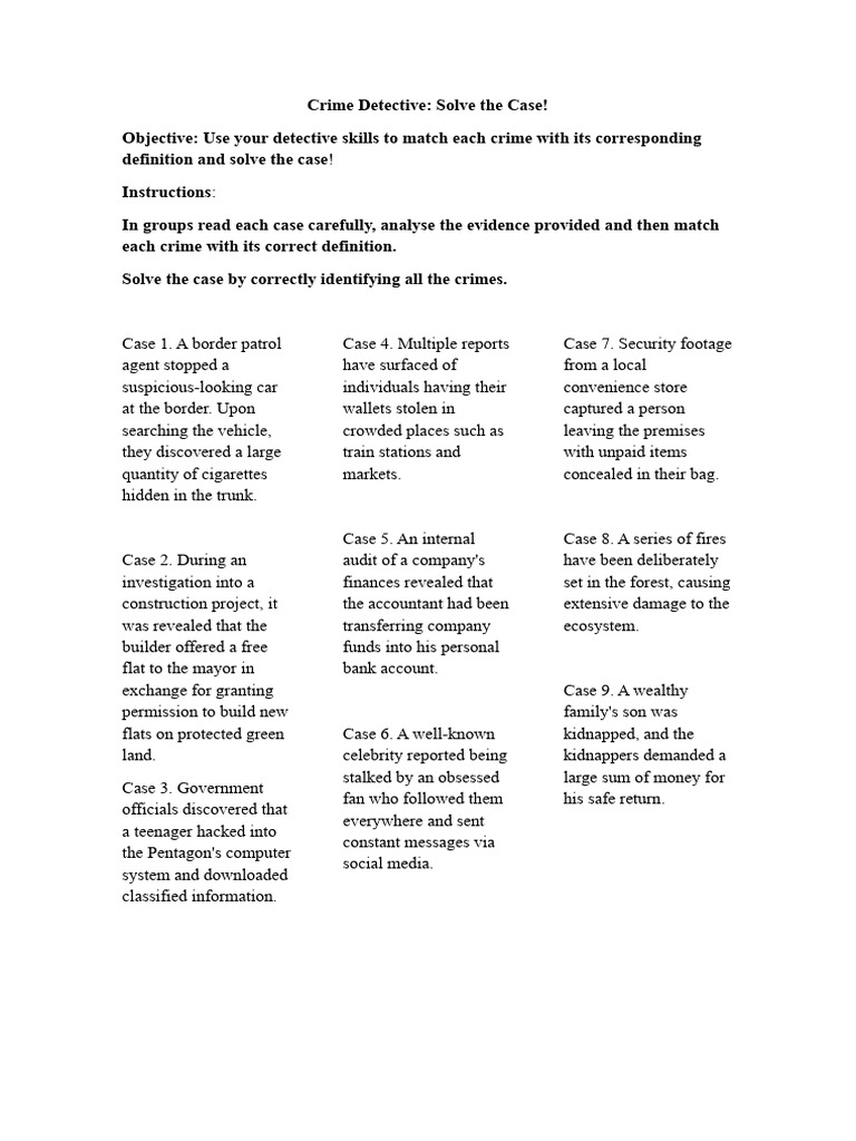 Detective Cases to Solve with Answers | PDF | Robbery | Deviance ...