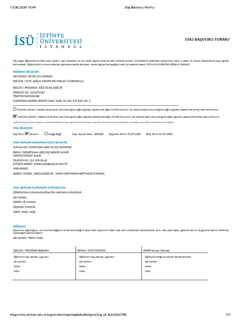 Staj Basvuru Formu | PDF