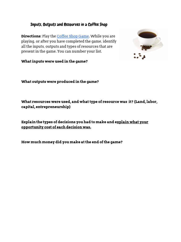 Coffee Shop Game: Inputs and Outputs Analysis | PDF