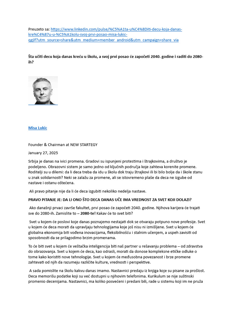 Sta Uciti Decu Koja Danas Krecu U Skolu, A Svoj Prvi Posao Ce Započeti ...