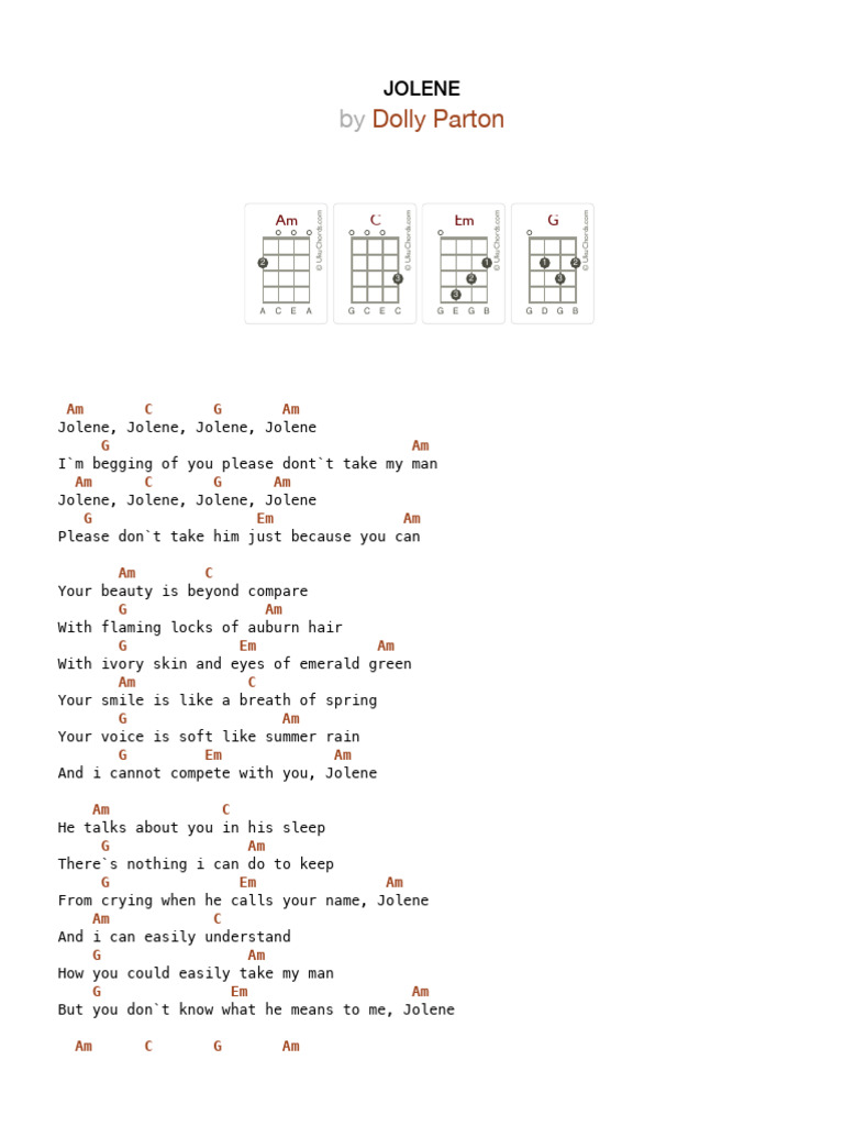"Jolene" On Ukulele by Dolly Parton - UkuTabs | PDF | Country Music | Song Recordings