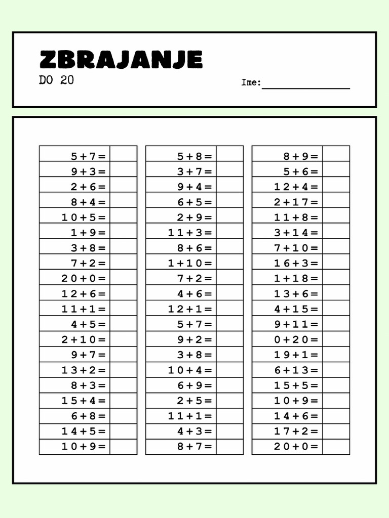 Addition Sums To 20 Math Worksheet in White Green Simple Style ...