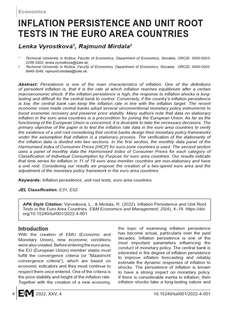 INFLATION PERSISTENCE AND UNIT ROOT TESTS IN THE EURO AREA COUNTRIESE A ...