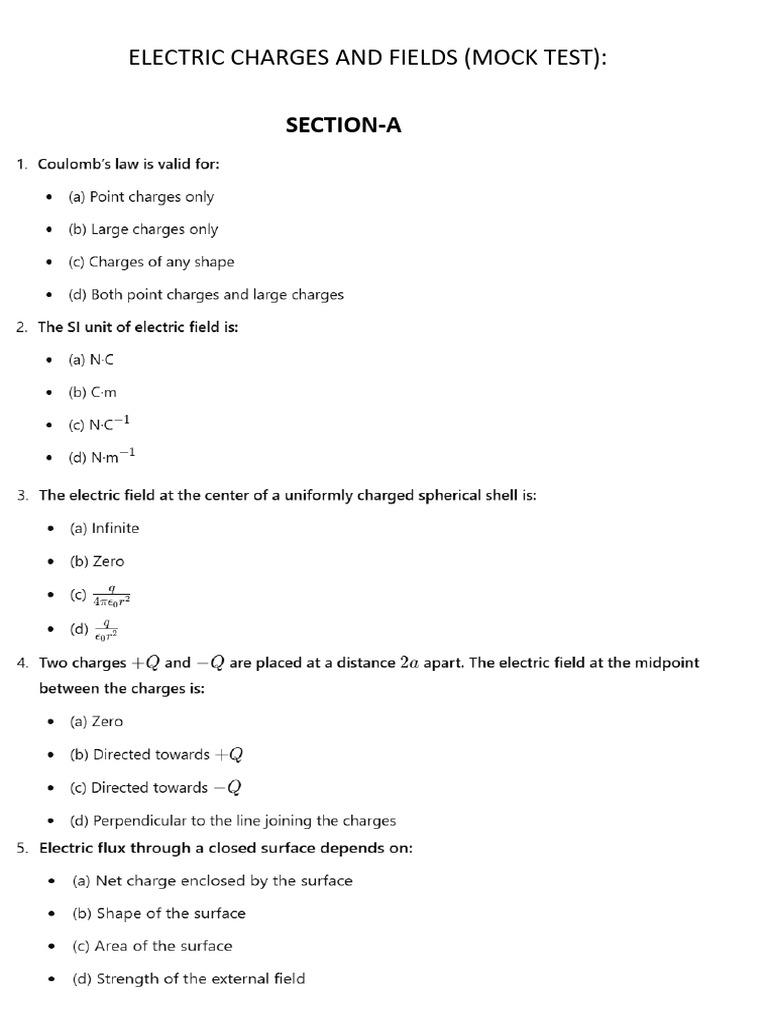 Electric Charges and Fields Mock Test | PDF