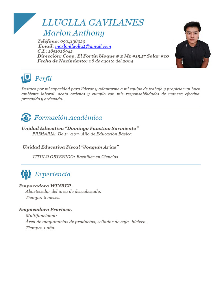 Currículum de Marlon Anthony Lluglla | PDF