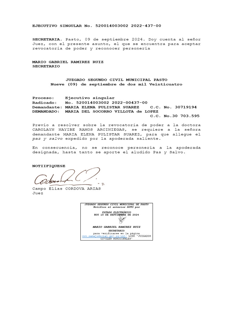 2022-437 Auto Revoca Poder y Reconoce Personeria | PDF