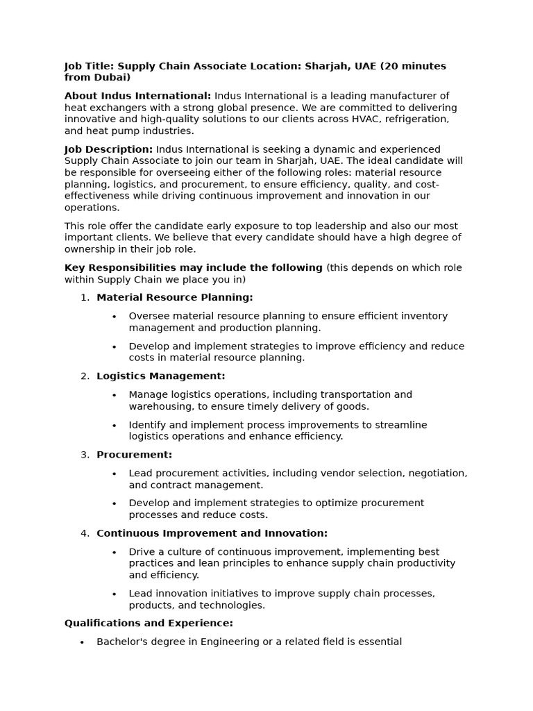 Supply Chain Associate Role at Indus International | PDF | Supply Chain ...