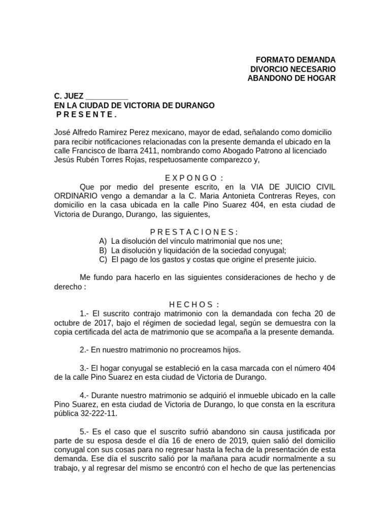 Demanda Procesal Civil Divorcio | PDF | Divorcio | Demanda judicial