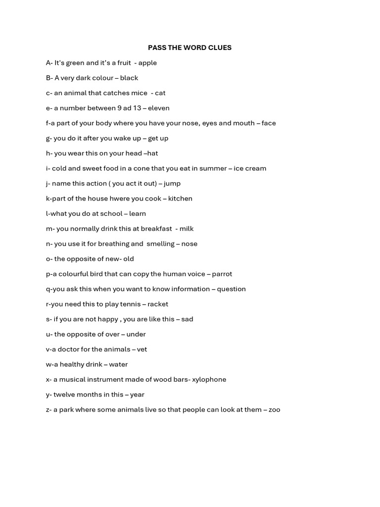 Pass The Word Clues | PDF