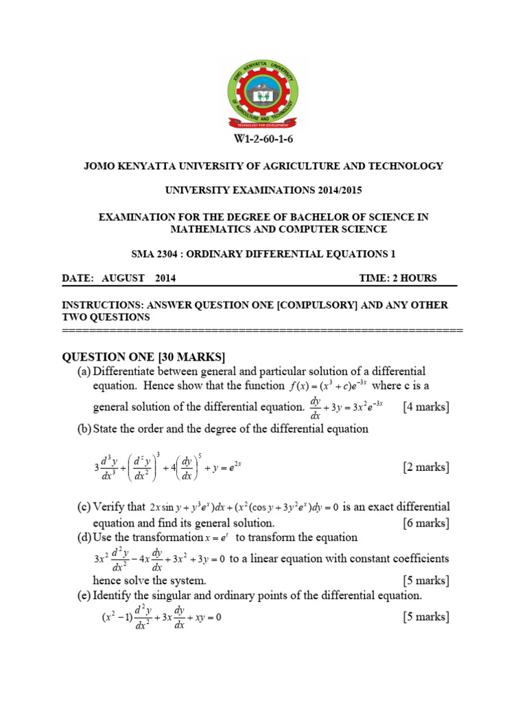 Sma 2304 Ordinary Differential Equations 1 | PDF | Equations | Ordinary Differential Equation