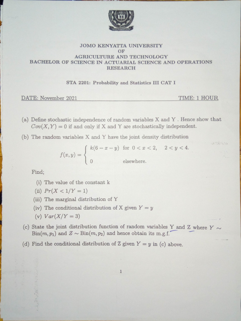 Probability and Statistics III CAT1 | PDF