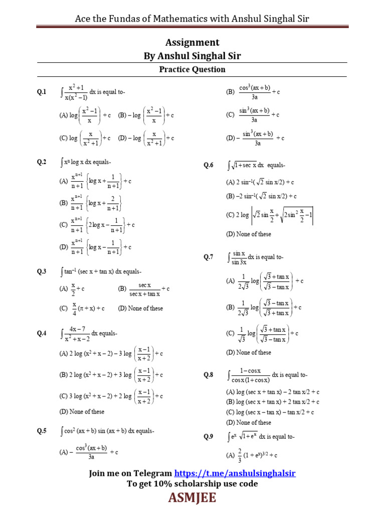 Indefinite Integration Enhancement Assignment 2 | PDF
