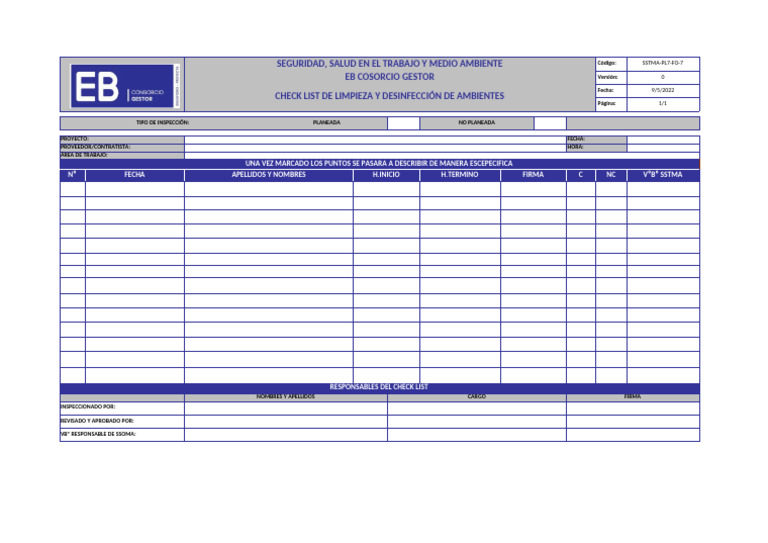 Checklist Limpieza y Desinfección | PDF