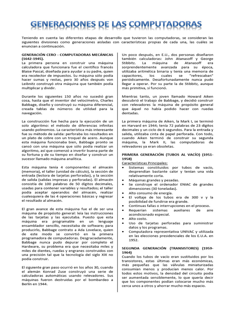 1p. Taller Generaciones Del Computador | PDF | Microprocesador ...