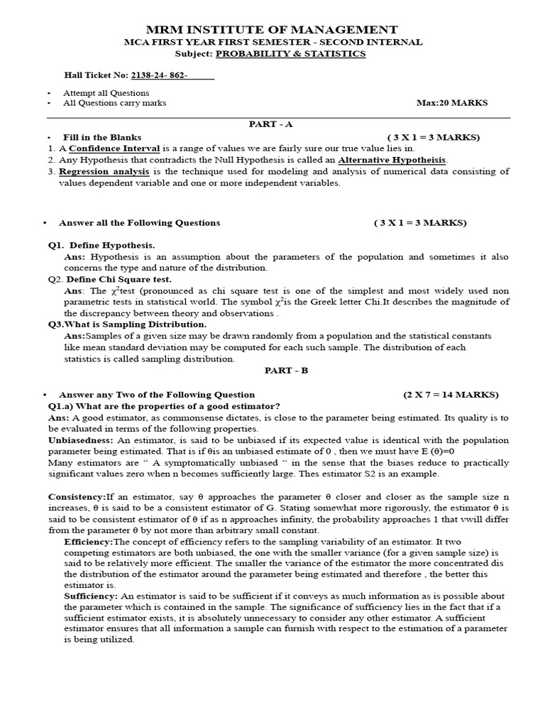 MCA Probability & Statistics Exam Guide | PDF | Estimator | Statistics