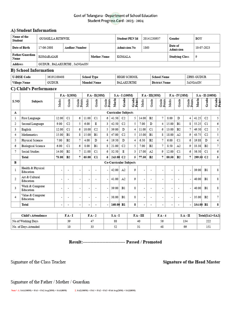 Class 9 Progress Cards | PDF | Science
