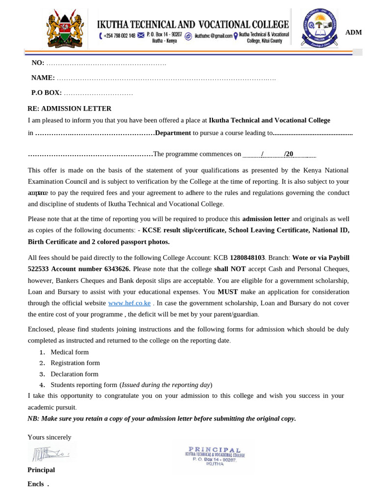 Ikutha TVC - LATEST ADMISSION LETTER 2024 | PDF | Banks | Sewing