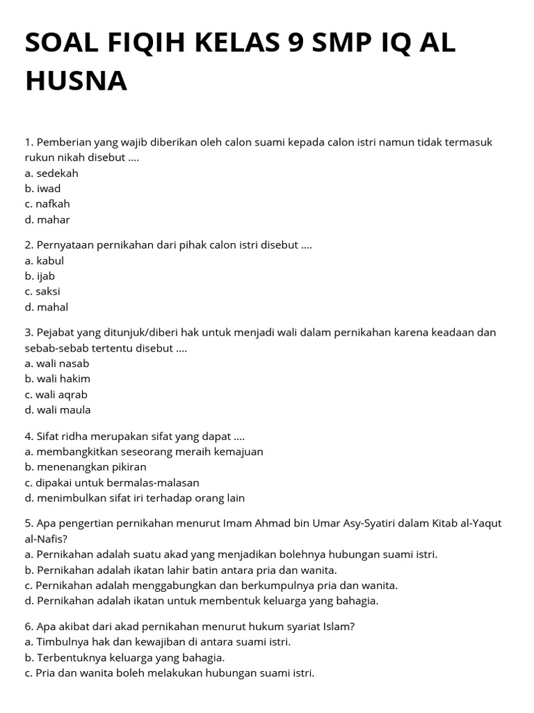 Soal Fiqih Pernikahan Kelas 9 SMP | PDF