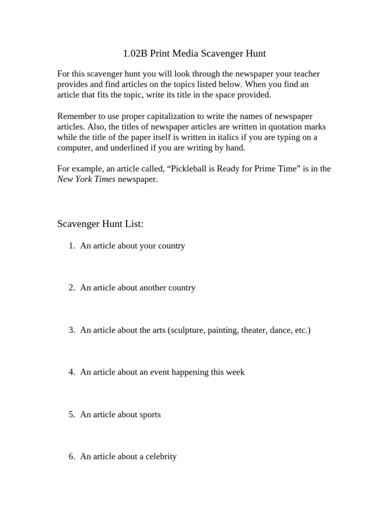 1.02B Print Media Scavenger Hunt: New York Times | PDF