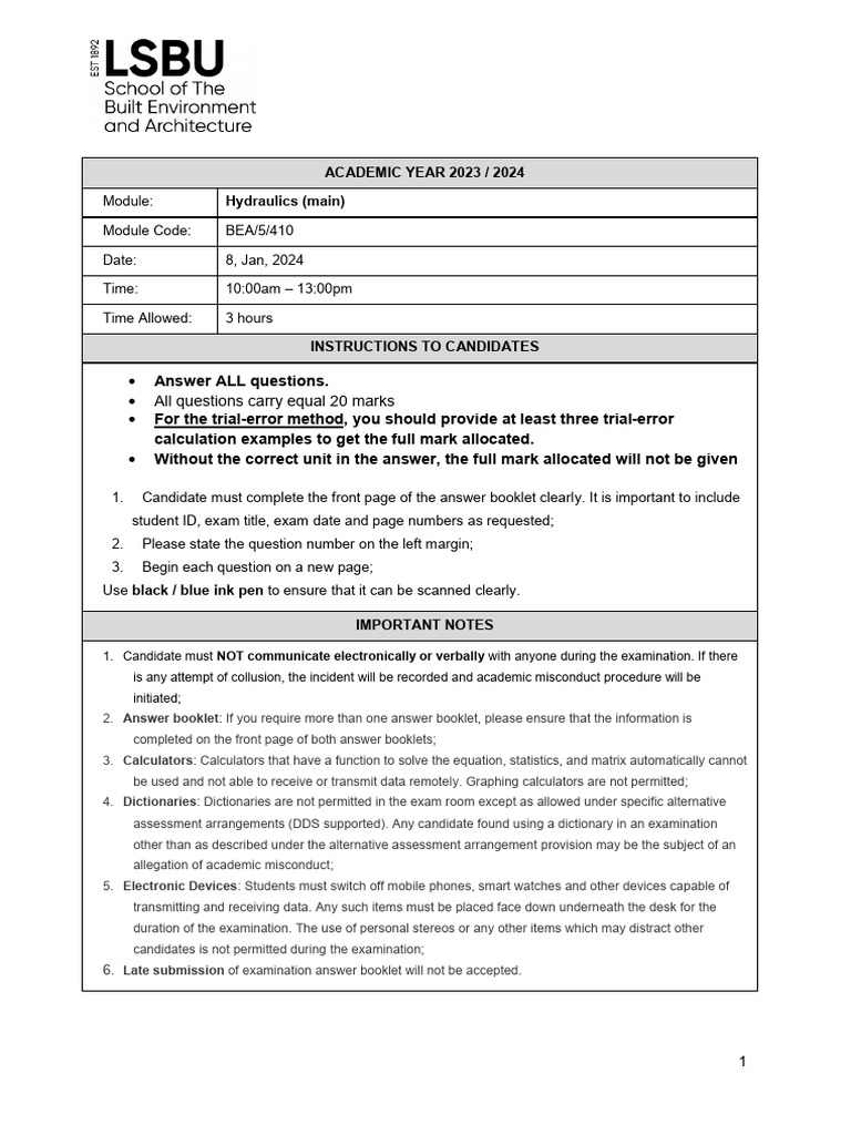 Exam - Hydraulics - 2024 LSBU UK | PDF | Chemical Engineering | Soft Matter
